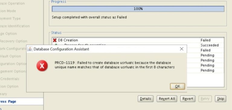PRCD 1119 failed to create database while using dbca